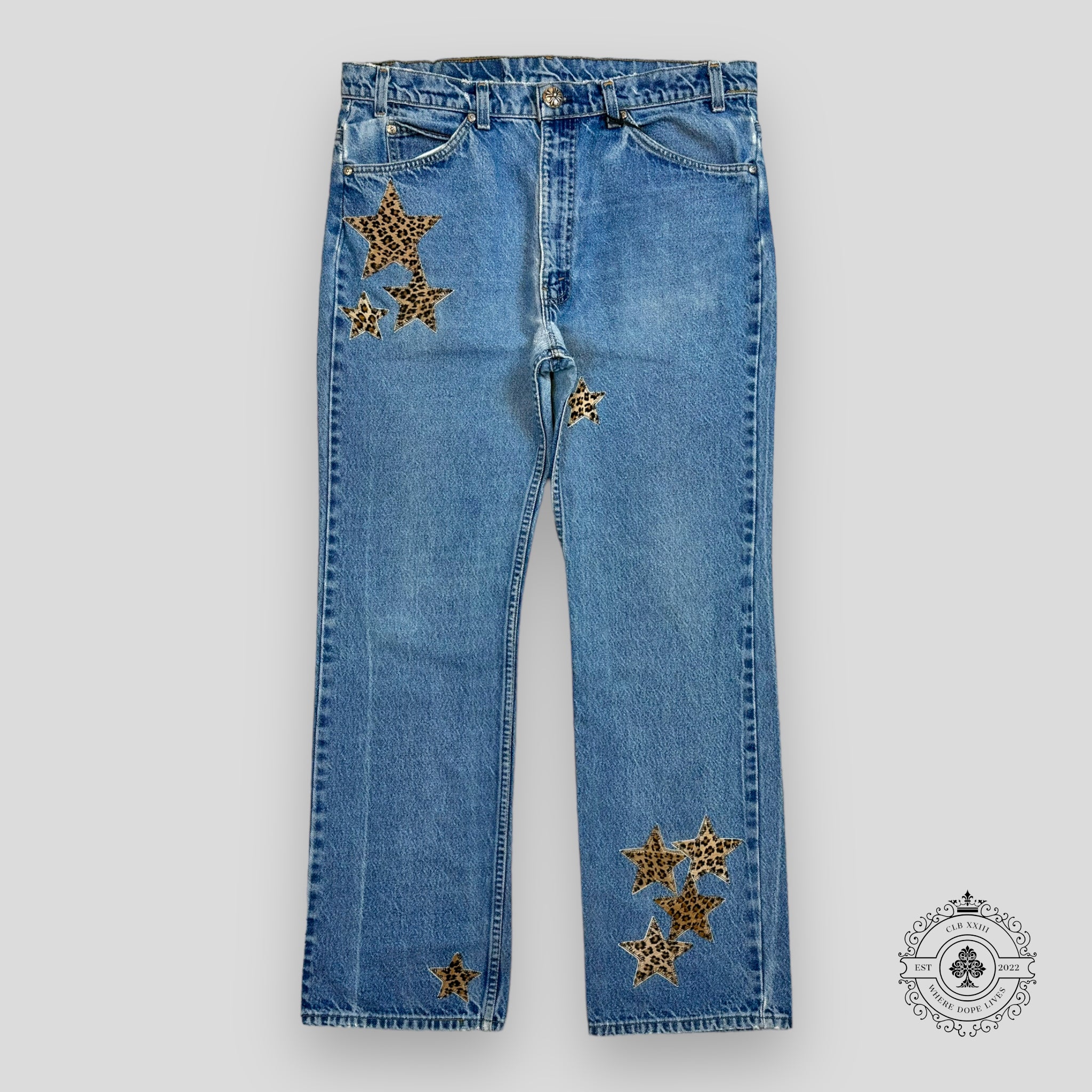 Chrome Hearts Levi Star Patch Jeans in Indigo / Leopard – CLB XXIII