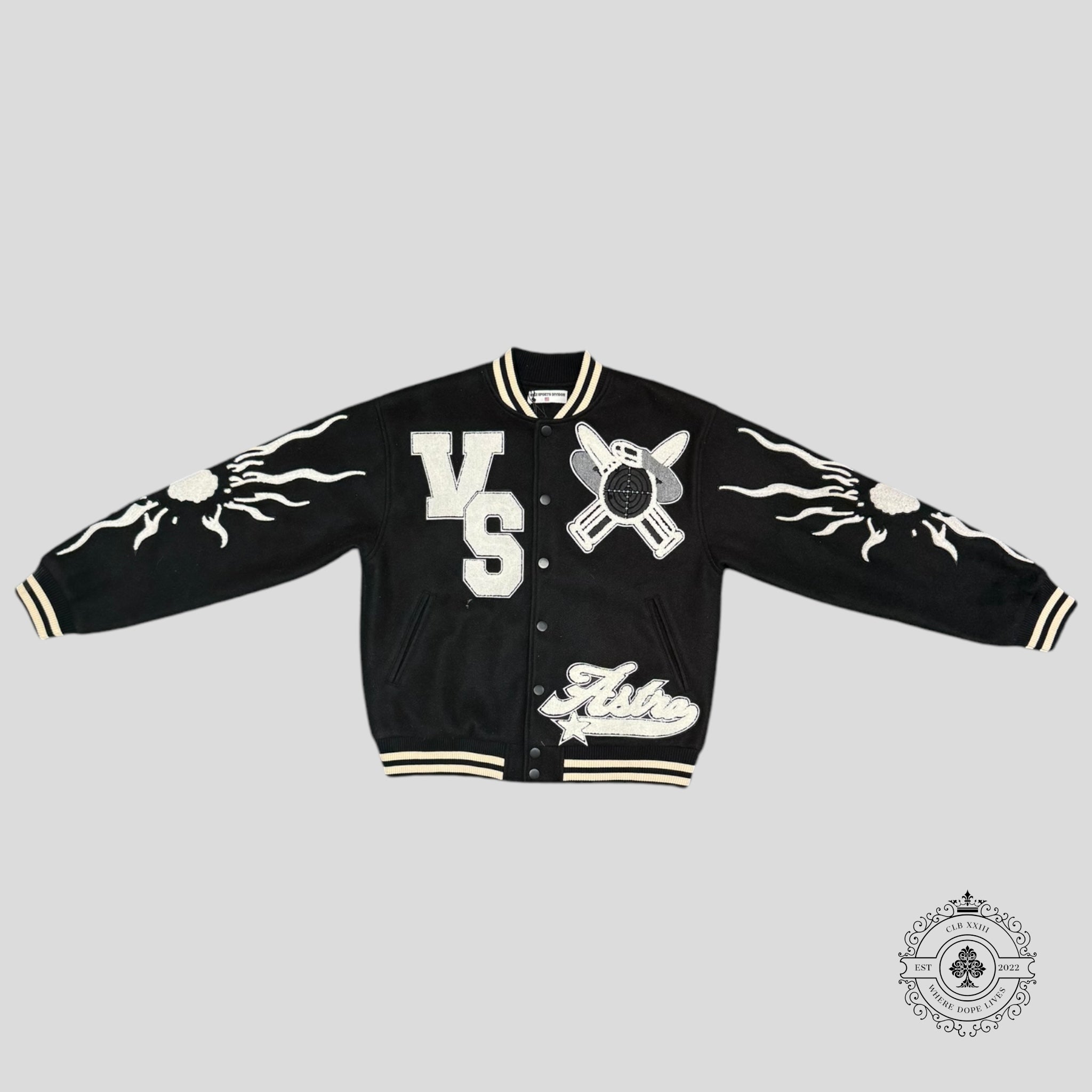 Vale Everyone Lives Forever Varsity Jacket in Black